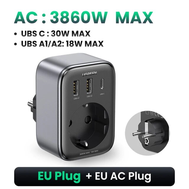 Сетевое зарядное устройство, зарядка-адаптер Ugreen 4 в 1, CD314, EU, черный