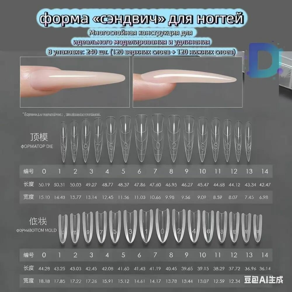 Формы для наращивания ногтей сэндвич Набор трафаретов для маникюра с верхними и нижними формами, 240 шт, с разметкой