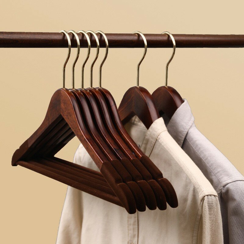 Флокированные вешалки из цельного дерева в шкаф для хранения нескользящей и без следов Ретро-коричневый бархат_1 шт