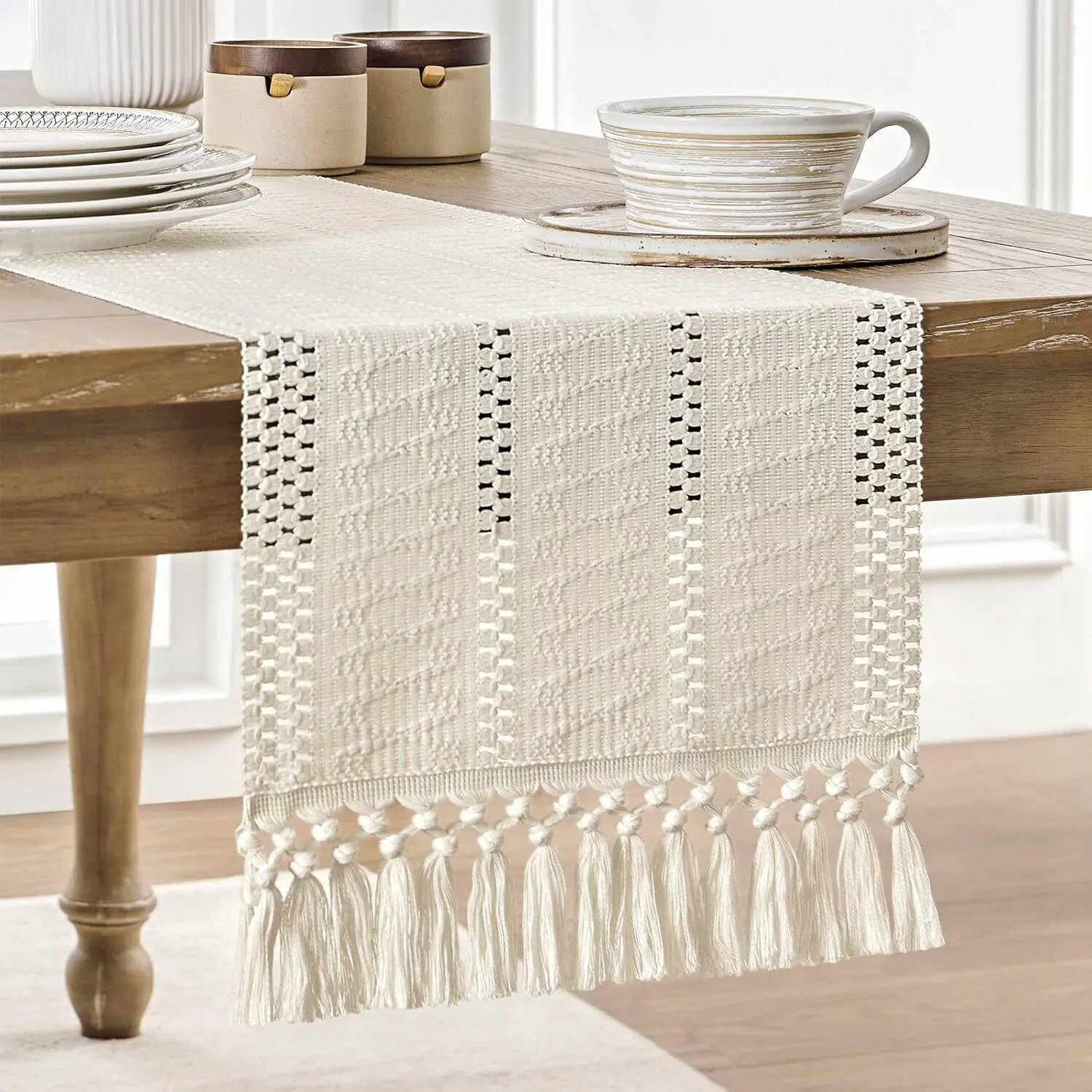 Льняная хлопковая дорожка для стола с кисточками 30x90cm, Beige