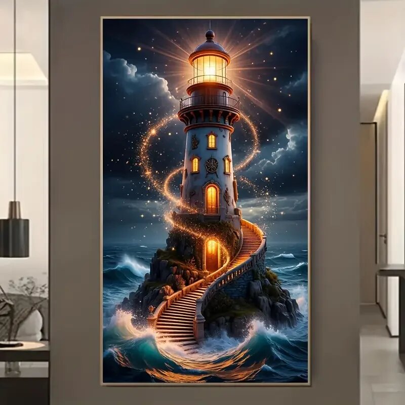 Алмазная картина RealShining "Маяк в Варе Океан" 45x90cm square