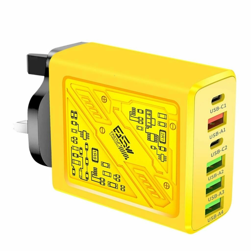 Зарядное устройство для 6 устройств с USB C и 4 USB портами, быстрое зарядное устройство для телефона, необходимое для путешествий, Yellow - UK
