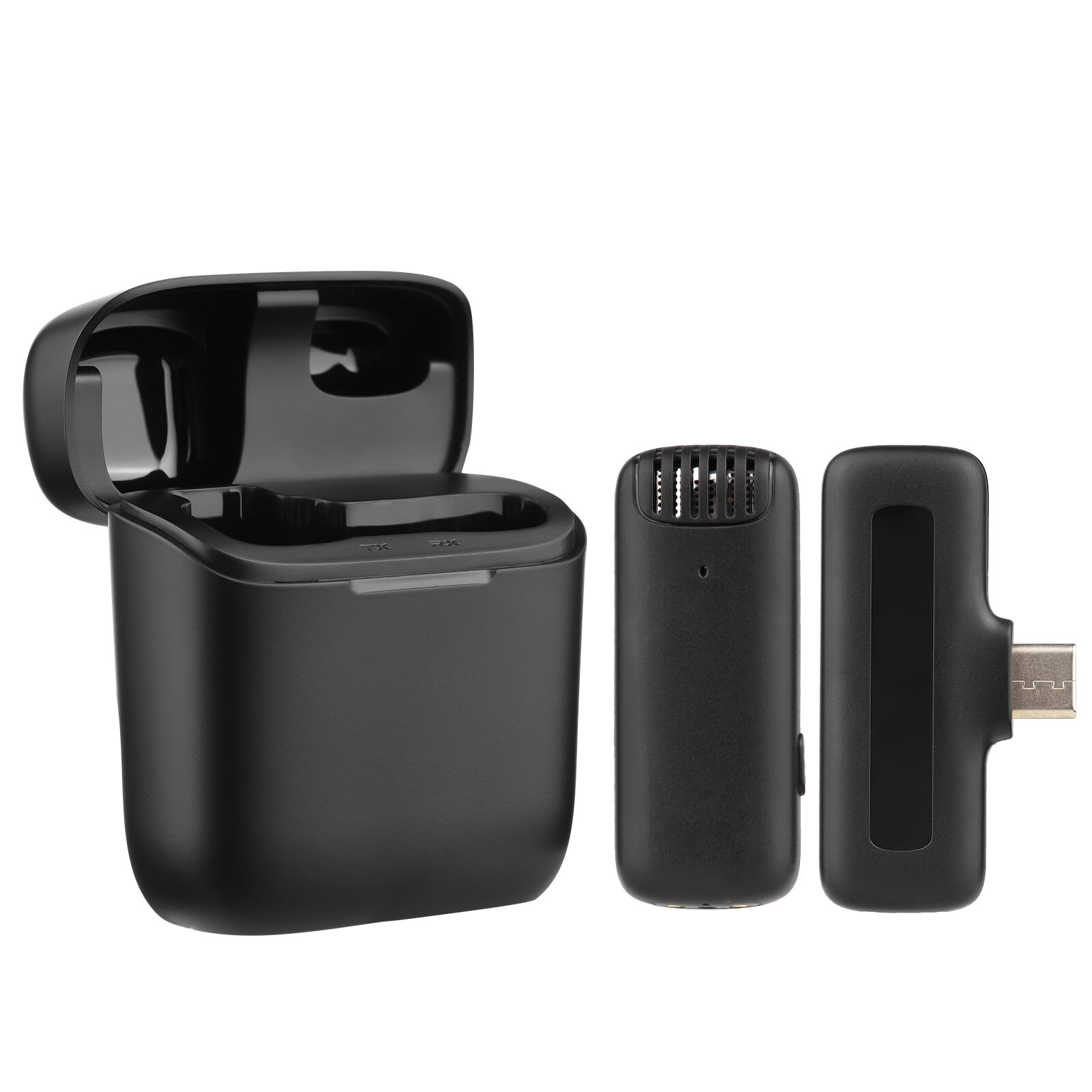 Портативная беспроводная микрофонная система One-Trigger-One с 1 приемником и 1 клип-микрофоном, диапазон передачи 20M, встроенная батарея с зарядным футляром для смартфонов Android Type-C, черный цвет, материал ABS, батарея микрофона 60mAh, батарея