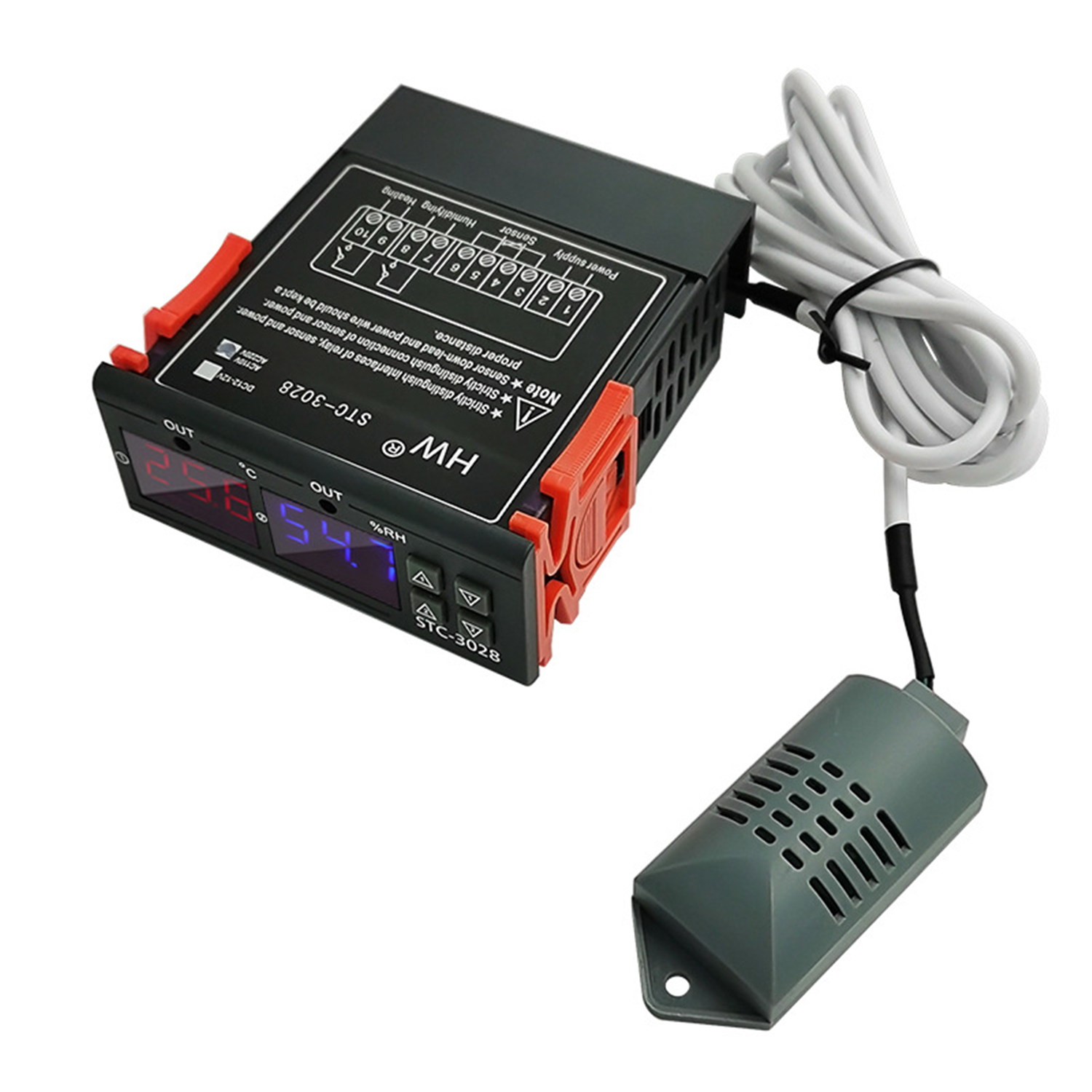 Контроллер температуры и влажности STC-3028 с цифровым дисплеем, переключатель для выращивания и инкубации, регулируемый измеритель температуры и влажности, термостат, 12V, черный, ABS, диапазон температуры -40℃+110℃, влажности 0%100%RH, точность