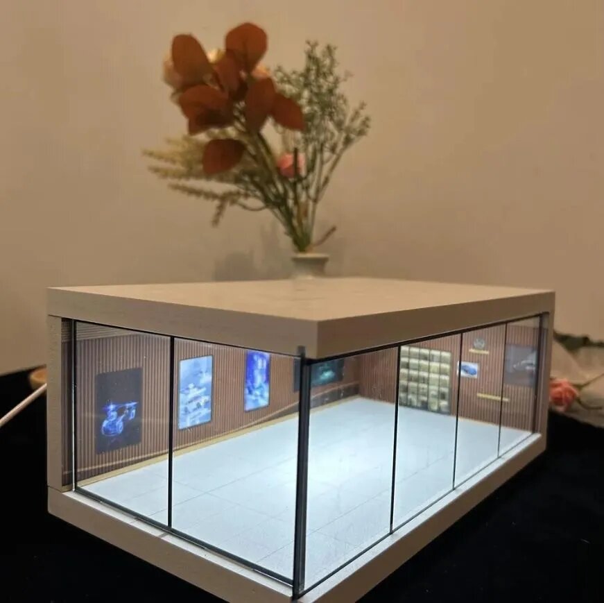 Витрина для парковки в масштабе 1/64 26,5смx10,5смx15см, деревянная с подсветкой
