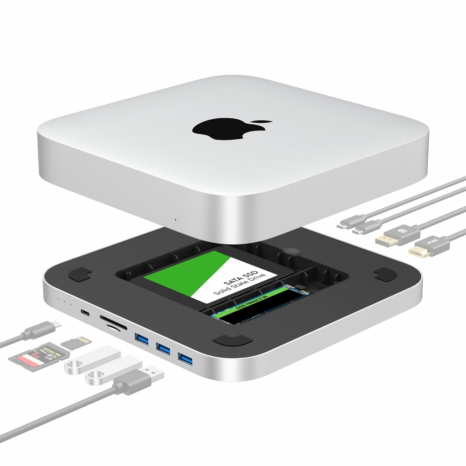 Qwiizlab Док-станция для Mac Studio Mac Mini M2/M1/Intel, корпус с двумя дисками, подходит для M.2 SSD/2,5' SATA SSD, Type-C 10 Гбит/с, кард-ридеры 104 МБ/с, DisplayPort 4K HDMI (серебристый)