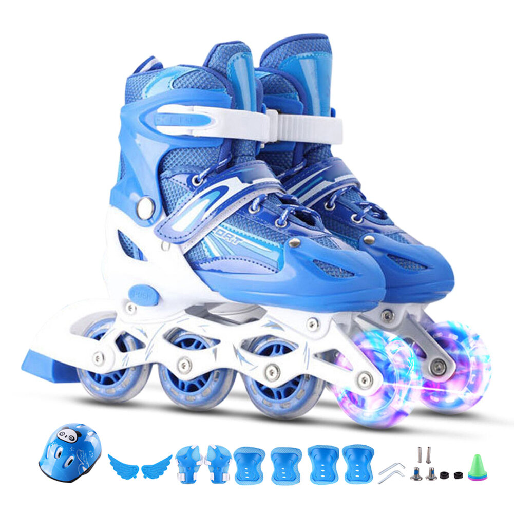 Ролики встроенные регулируемые для детей с фонариками комплект с шлемом защитным снаряжением баррикадами гаечкой для мальчиков девочек новичков для улицы и дома Розовый Синий Красный Фиолетовый Размер S(27-33) M(33-37) L(37-41)