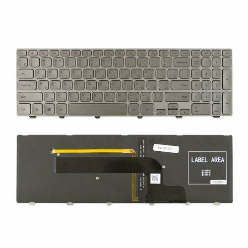 Клавиатура для ноутбука Dell Inspiron 15-7000 15-7537 Series. Плоский Enter. Серебристая, с серебристой рамкой. С подсветкой. PN: 0KK7X9