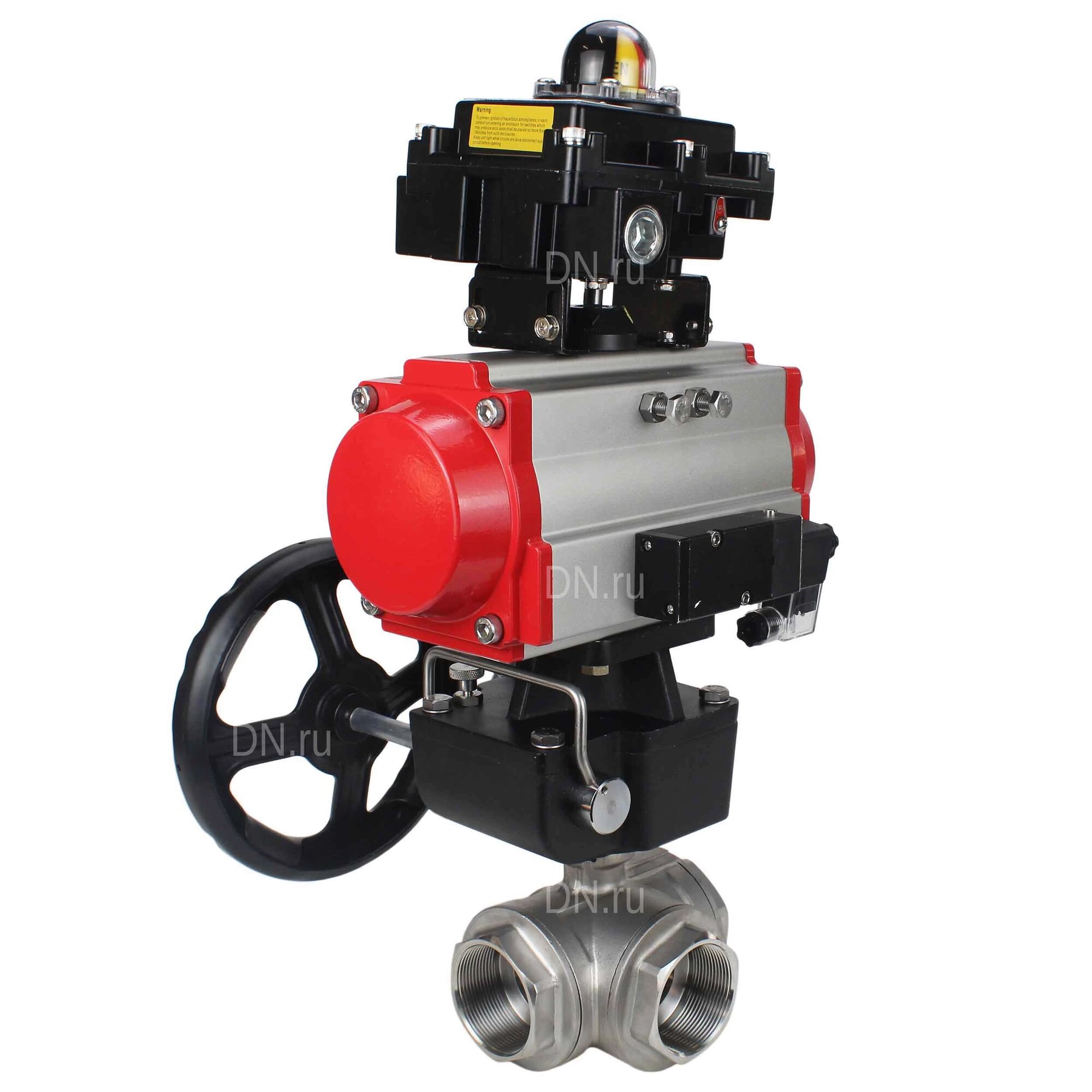 Кран шаровой DN.ru RP. SS316.200. MM.065-ISO Ду65 Ру40 стандартнопроходной трехходовой L-тип, нержавеющая сталь SS316, внутренняя резьба, уплотнение PTFE, с ISO-фланцем пневмоприводом DA-083, пневмораспределителем 220VAC, БКВ LSB-410-02Ex и дублером HDM-2
