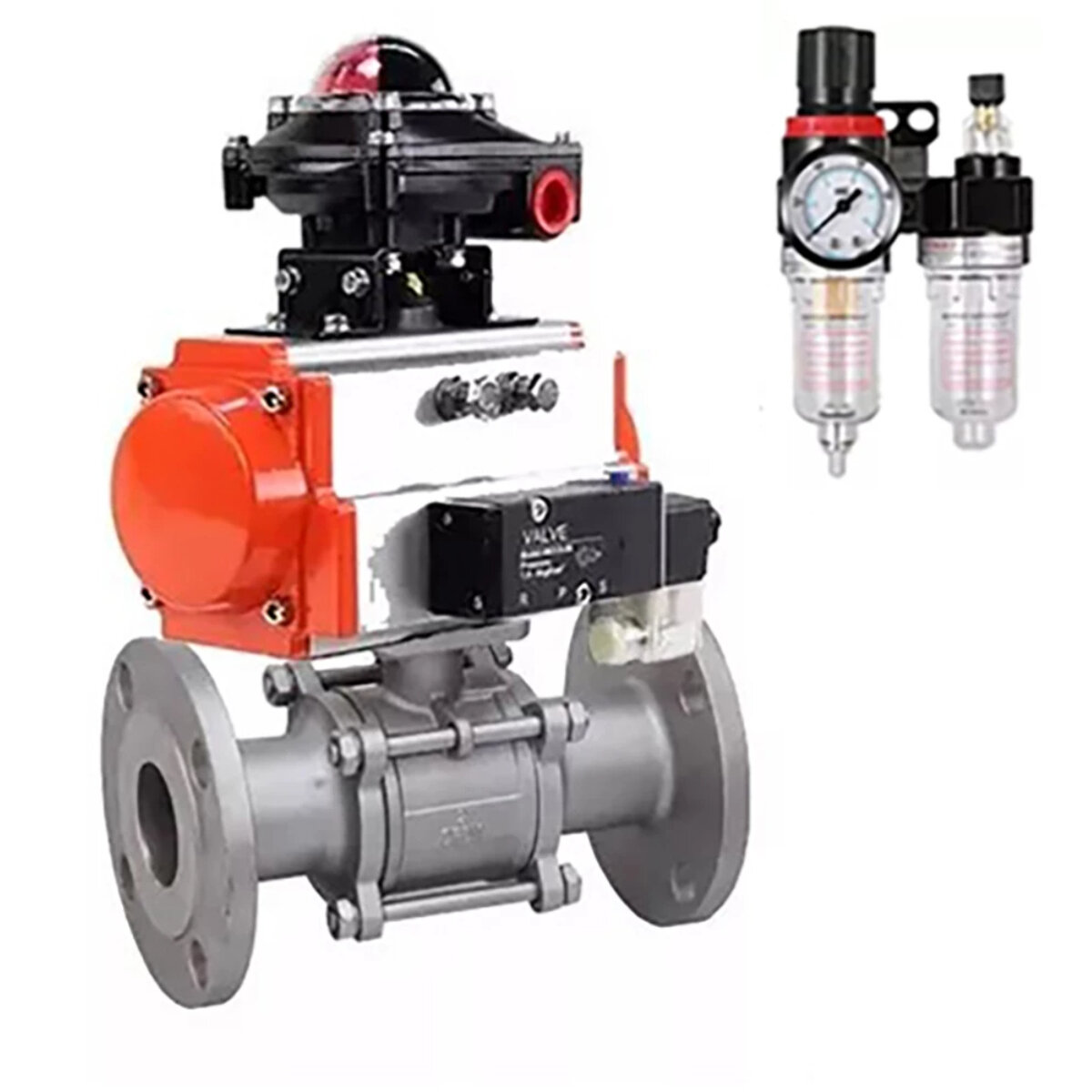 Кран шаровой DN.ru кшфпт 316.180 Ду65 Ру25 фланцевый, полнопроходной, трехсоставной, корпус нержавеющая сталь 316, уплотнение PTFE, с пневмоприводом SA-105, пневмораспределителем PND1-S2EM-52-2-T10-220VAC, БКВ LSB-510-02ExM12-250 и БПВ APU1-10-40-V08