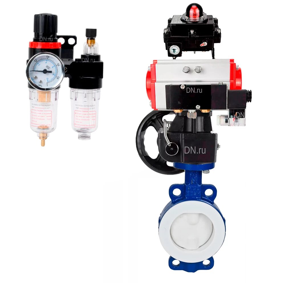 Затвор дисковый поворотный DN.ru WCB-WCB-PTFE-PTFE-Fb-R Ду200 Ру16 корпус углеродистая сталь WCB, диск углеродистая сталь WCB, футерованный PTFE, уплотнение PTFE, с пневмоприводом DA-105, пневмораспределителем 24VDC, БКВ LSB-410-02Ex, дублером HDM-3 и БПВ