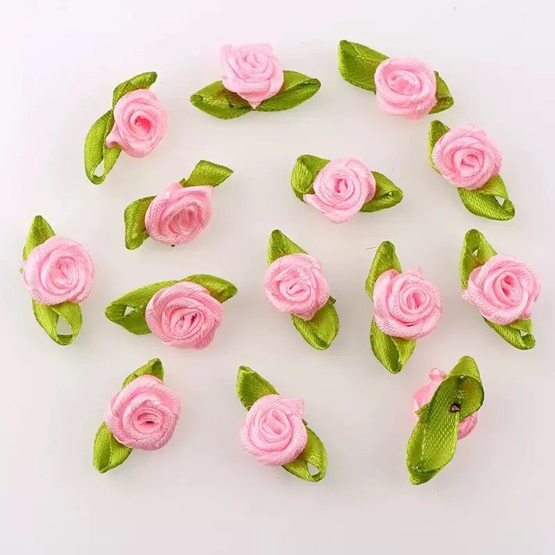 Розовые атласные цветы из ленты, 100 шт.