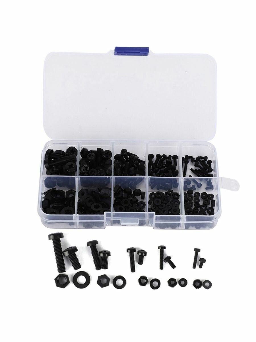 270шт комплект крепежей из нейлона: гайки, шайбы, винты M2-M5, черный, удобно для хранения и транспортировки