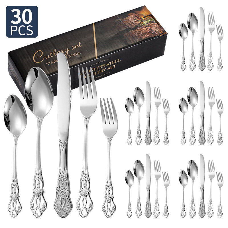 Набор столовых приборов из нержавеющей стали Amazon Royal Court, нож, вилка, ложка, 20/24/30 предметов, винтажный рельеф, западный стейк-нож и вилка