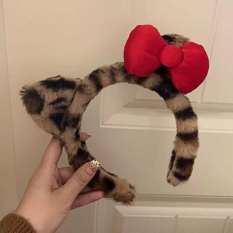 Sanrio Hello Kitty Plush Hairband Cartoon Leopard Print Anti-Slip Headband Women Face Wash Makeup Kawaii Hair Accessories Gifts