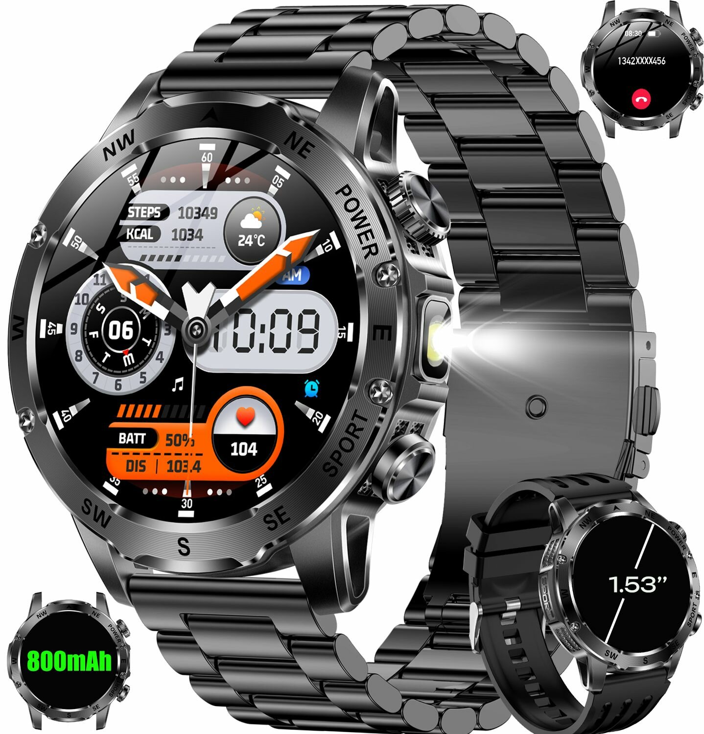 Bоенные смарт часы мужские круглые , водонепроницаемые, с Компас и фонарь, вызова по Bluetooth, для Android iOS