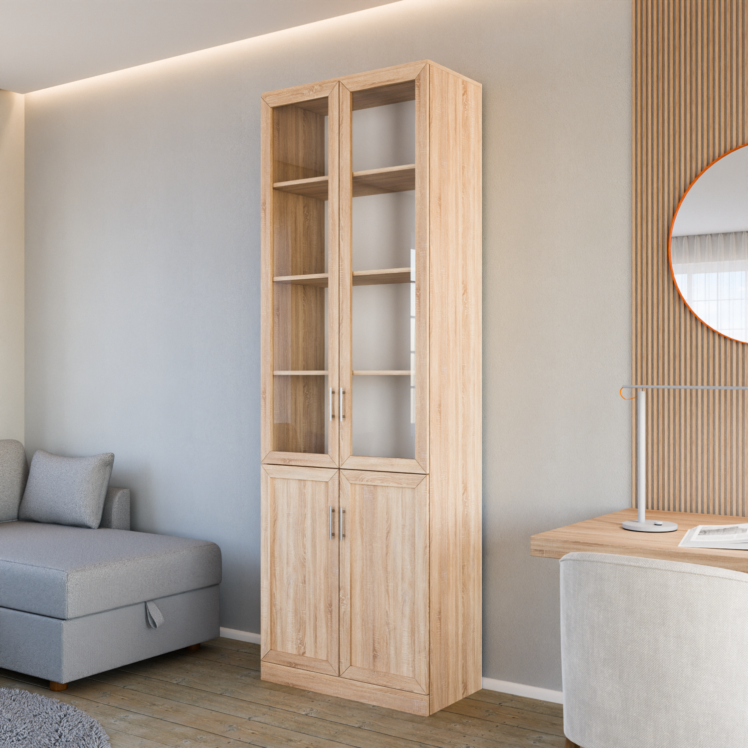 Шкаф книжный Руди | Корпус ЛДСП Дуб сонома| Фасад рамка Дуб сонома | Фасад вставка Стекло