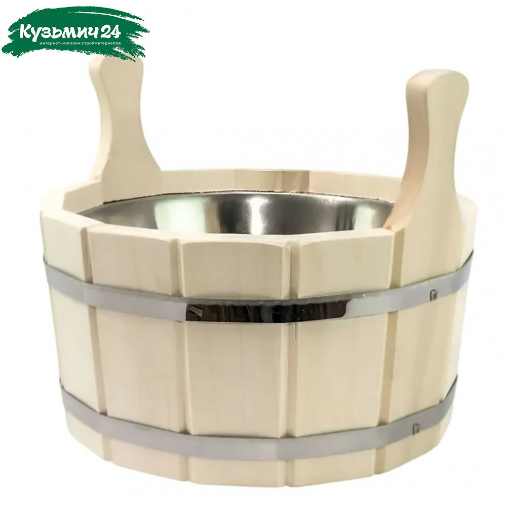 Шайка для бани и сауны, LK ЛТ-12, объем 5 л, Липа, вставка из нержавеющей стали, дерево