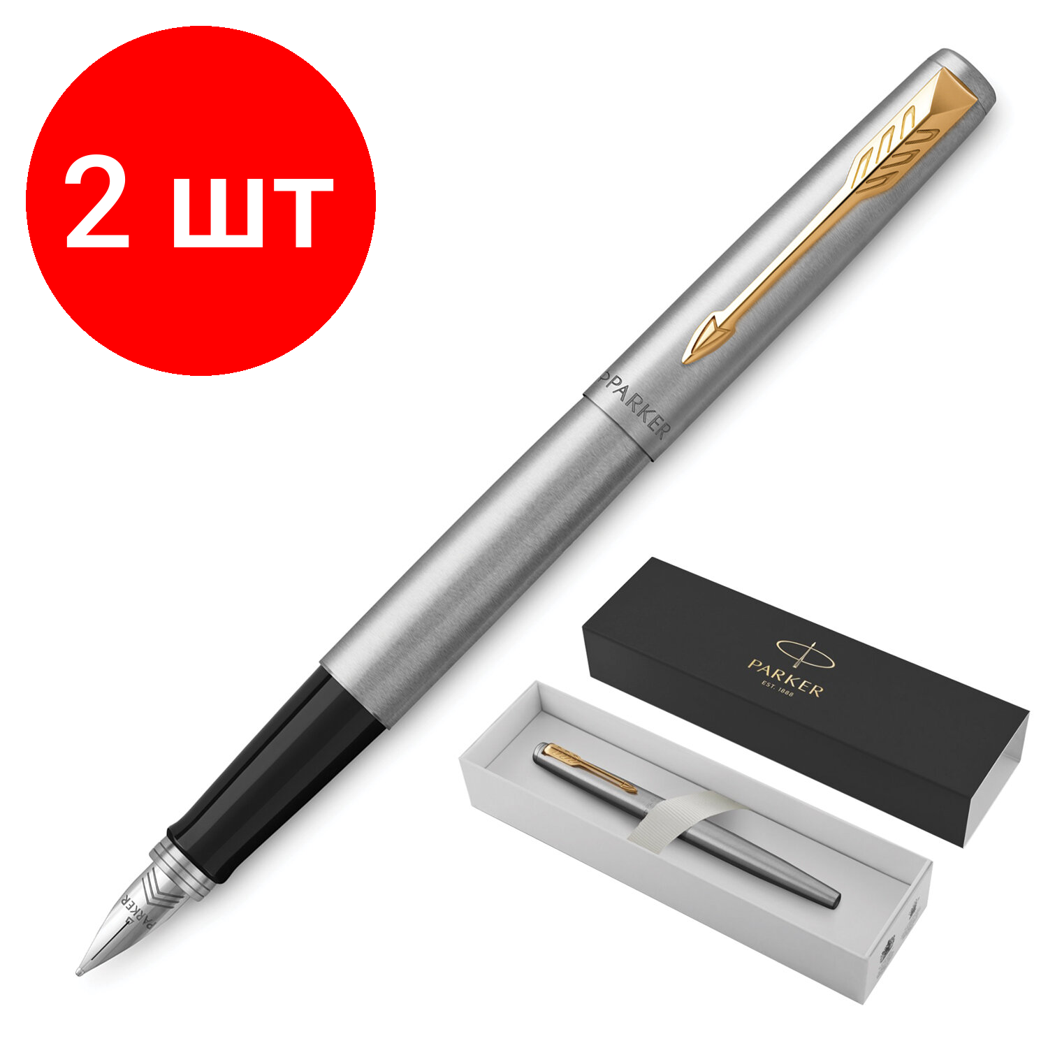 Комплект 2 шт, Ручка перьевая PARKER "Jotter Stainless Steel GT", корпус серебристый, позолоченные детали, синяя, 2030948