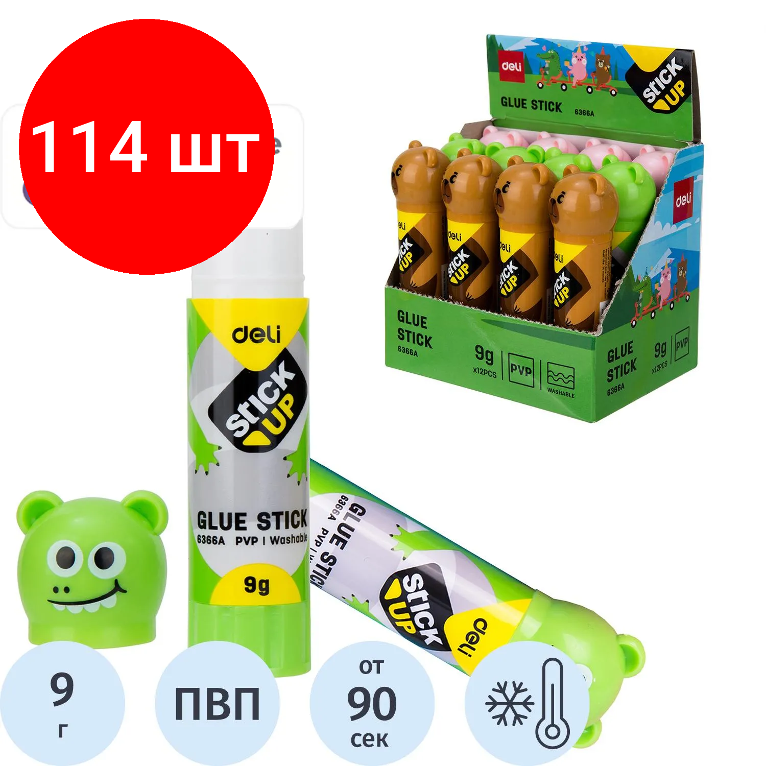 Комплект 114 штук, Клей-карандаш школьный 9г Deli с колпачком в форме зверька, ассорти E6366A