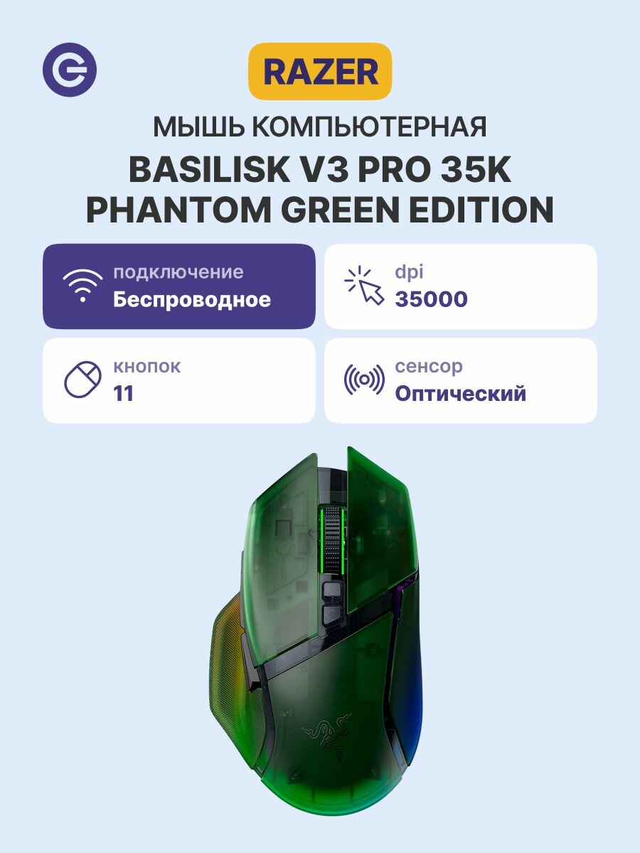 Мышь игровая RAZER Basilisk V3 Pro 35K Black Phantom Green (RZ01-05240300-R3G1)