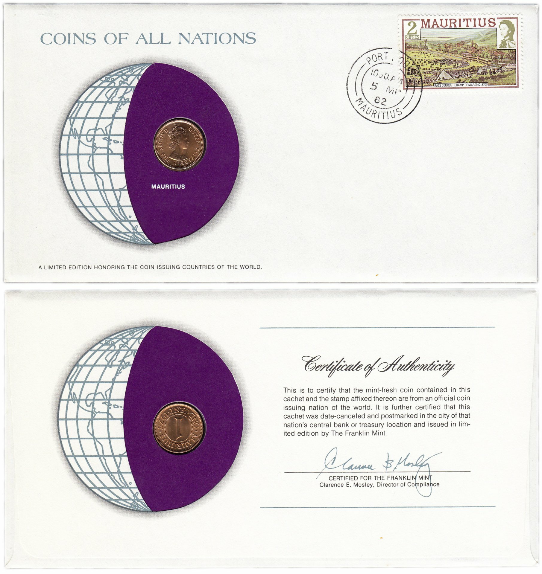 Серия "Монеты всех стран мира" - Маврикий 1 цент cent 1975 монета и 1 марка в конверте, Бронза, в сохранности UNC