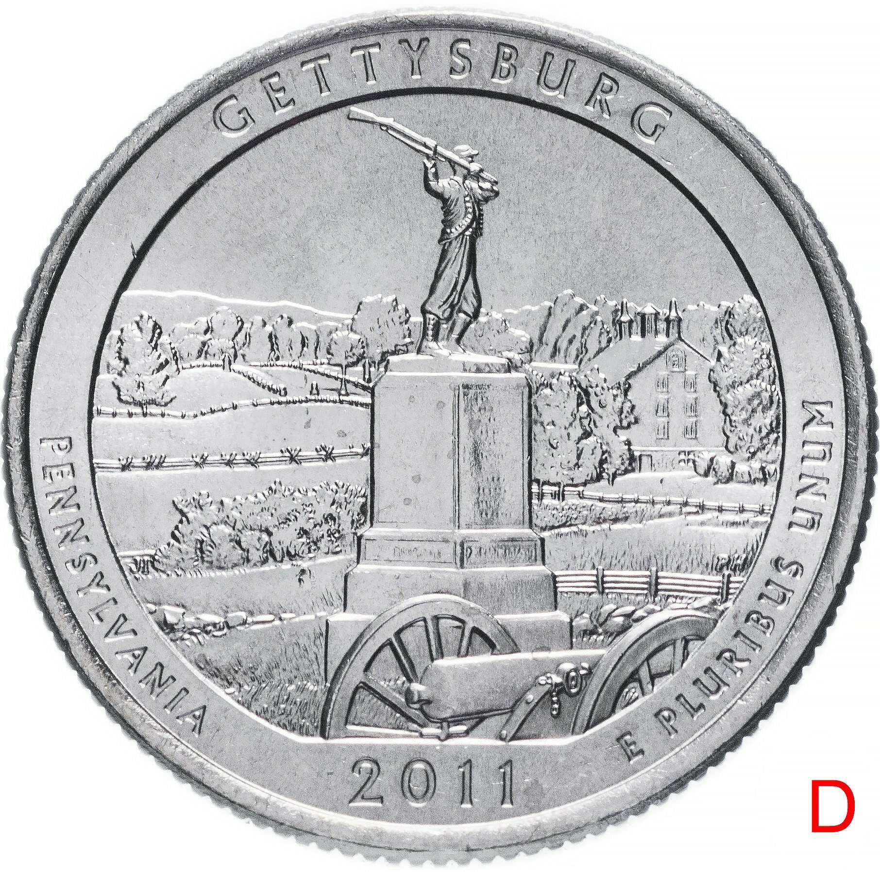 США 1/4 доллара 25 центов, квотер 2011 D — "Национальный военный парк Геттисберг" 6-й парк, Мельхиор медь-никель, в сохранности UNC