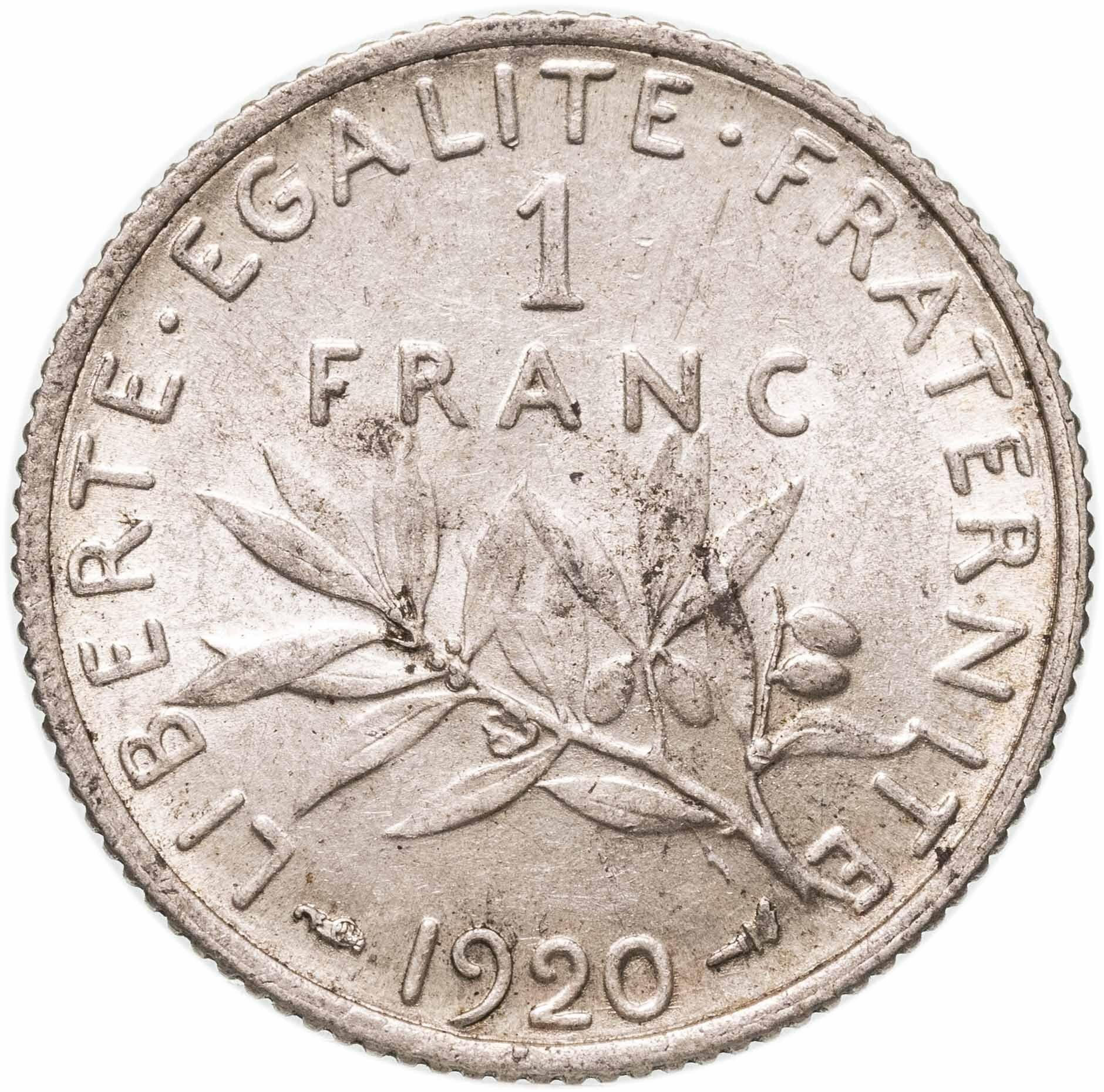 Франция 1 франк 1920, Серебро 835, в сохранности AU-UNC