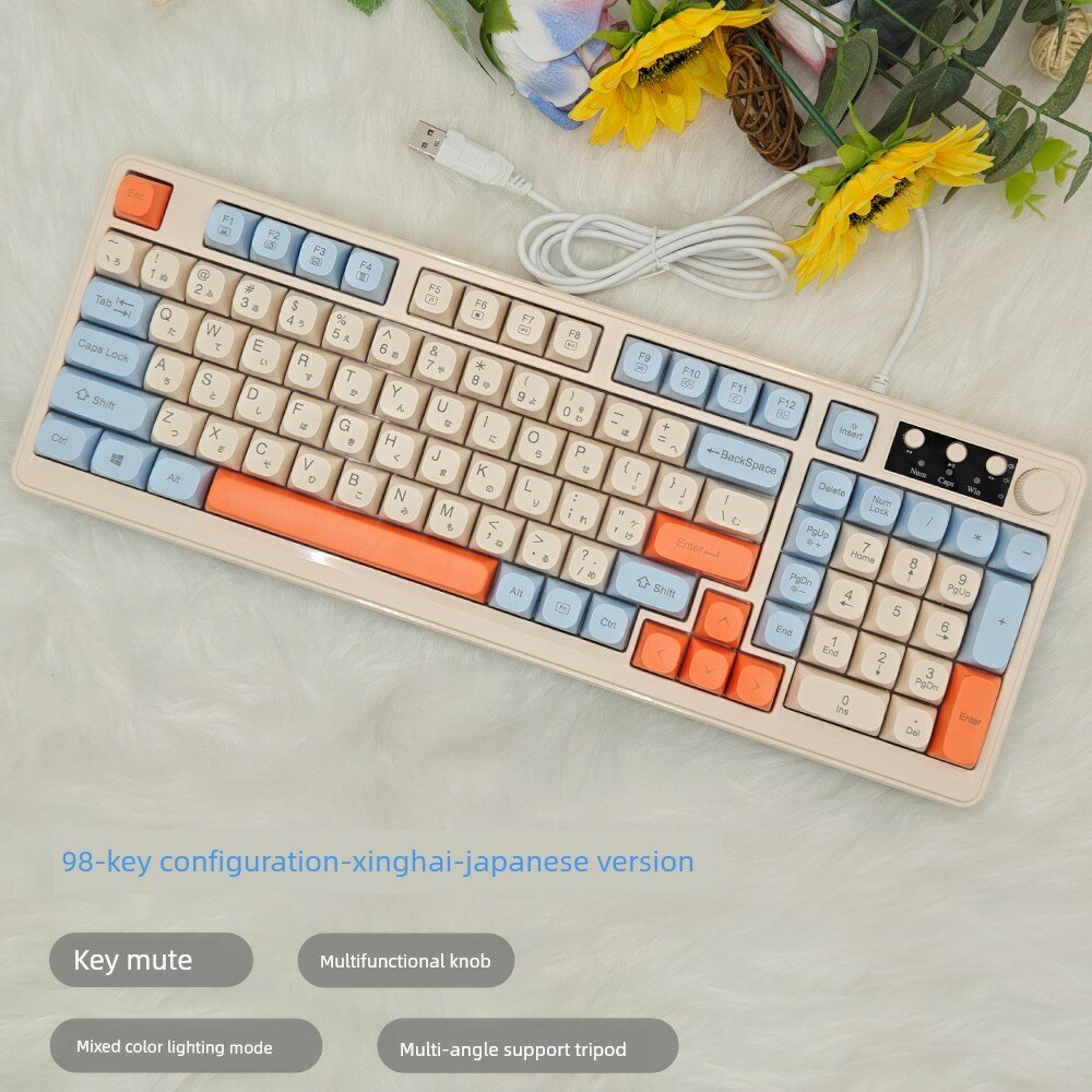 98-клавишная проводная клавиатура с разноцветными кнопками для игр и офисной работы, русская, тайская, фонетическая,