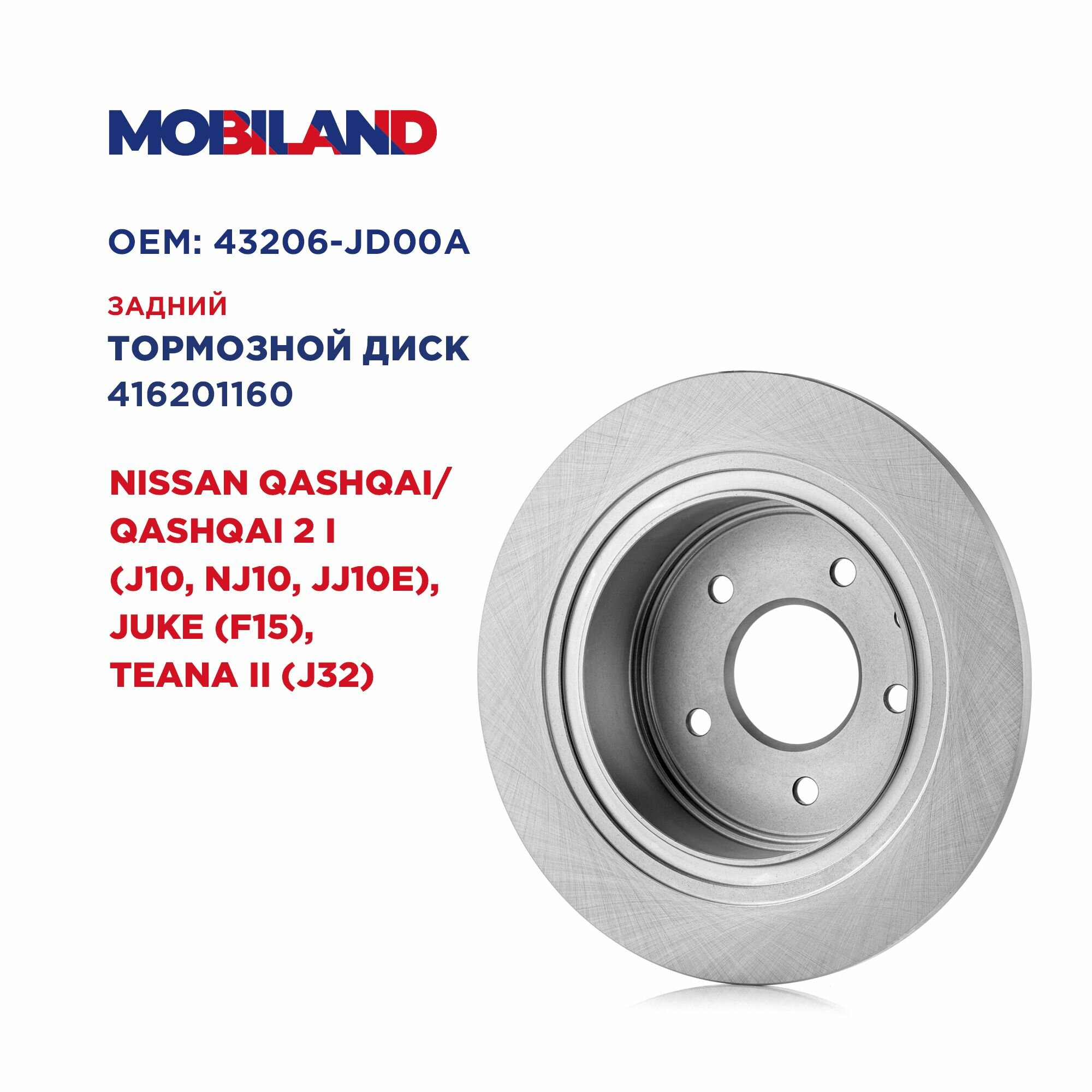 Диск тормозной задний невентилируемый для а/м NISSAN QASHQAI/QASHQAI 2 I, JUKE (F15), TEANA II, MOBILAND 416201160