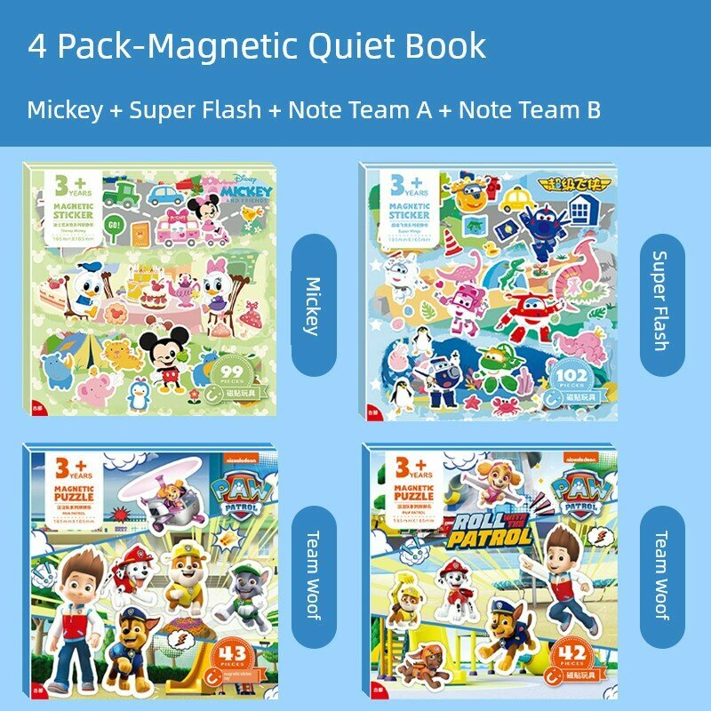 Набор из 4 магнитных тихих книг: Микки Маус, Super Wings, Пак Патролл A, Пак Патролл B, 12x10 см