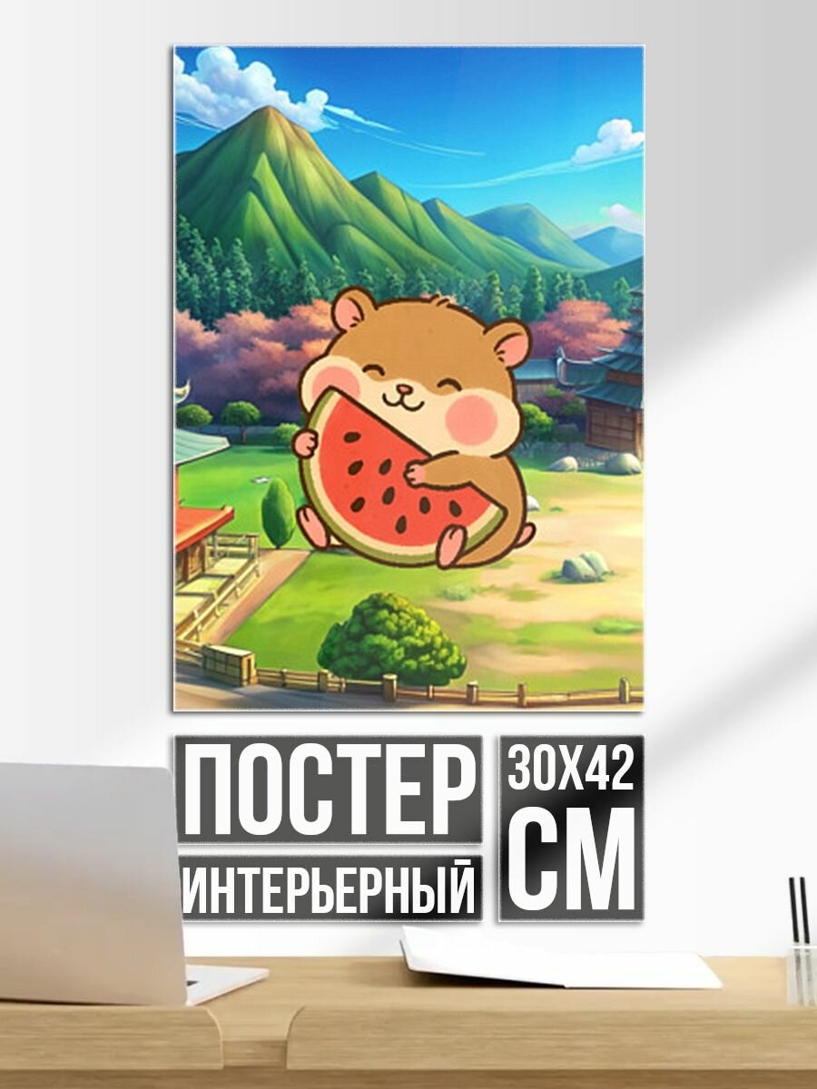 Постер на стену Довольный хомячок с арбузом