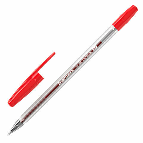 50 шт. Ручка шариковая BRAUBERG "M-500 CLASSIC", красная, корпус прозрачный, узел 0,7 мм, линия письма 0,35 мм, 143446