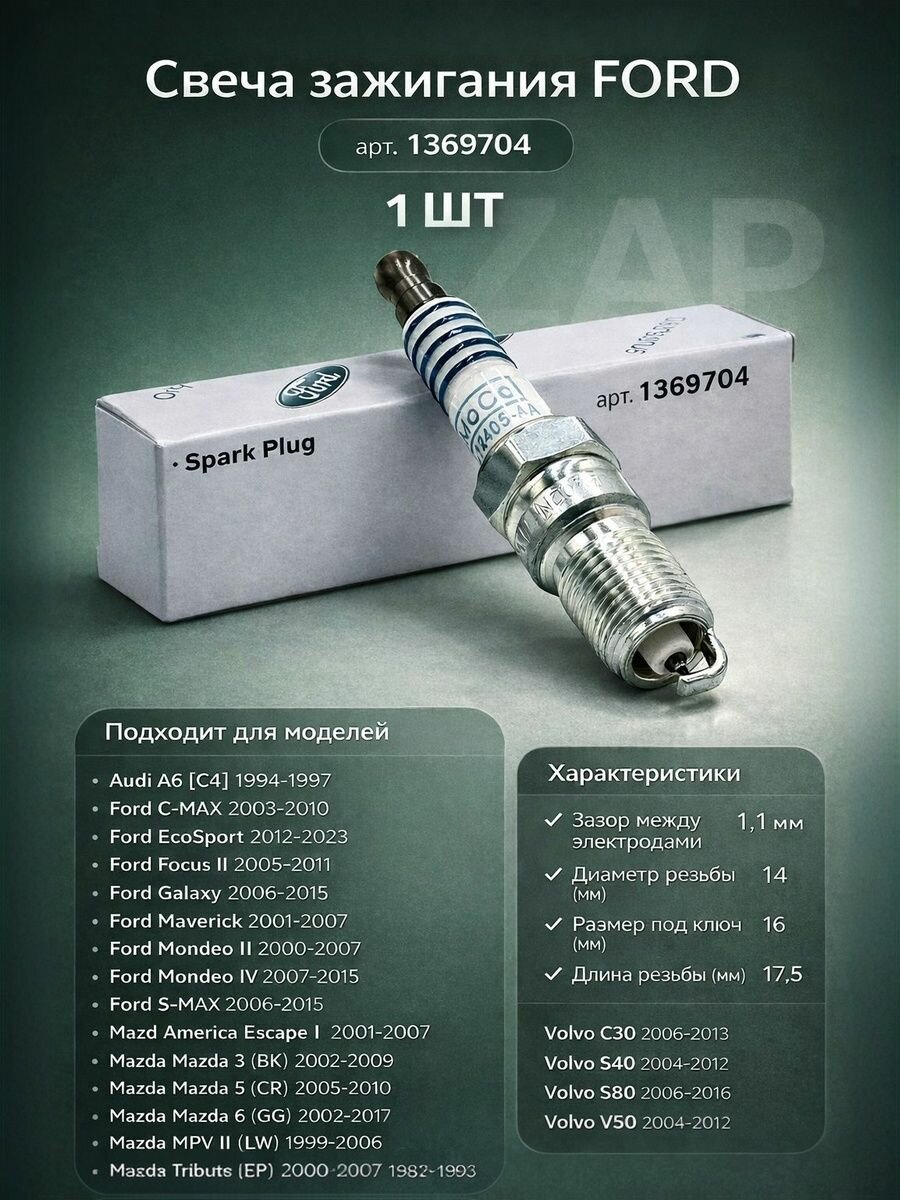 Свечи зажигания 1(шт) 1369704 Иридиевые Форд Мондео 4 / Форд Фокус 2 1.8L/2.0L Focus II, C-Max I, S-MAX II; MAZDA 3, 5, Axela; VOLVO S80, V50