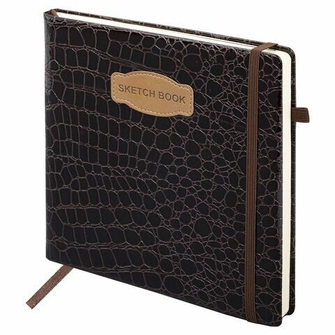 2 шт. Скетчбук, слоновая кость 140 г/м2, 200х200 мм, 80 л, Кожзам, резинка, BRAUBERG ART CLASSIC, CROCO, коричневый, 116473