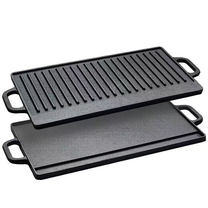 Чугунная сковорода для гриля 203, уличная сковорода для барбекю, 202, полосатая прямоугольная утолщенная неокрашенная сковорода с двумя ручками