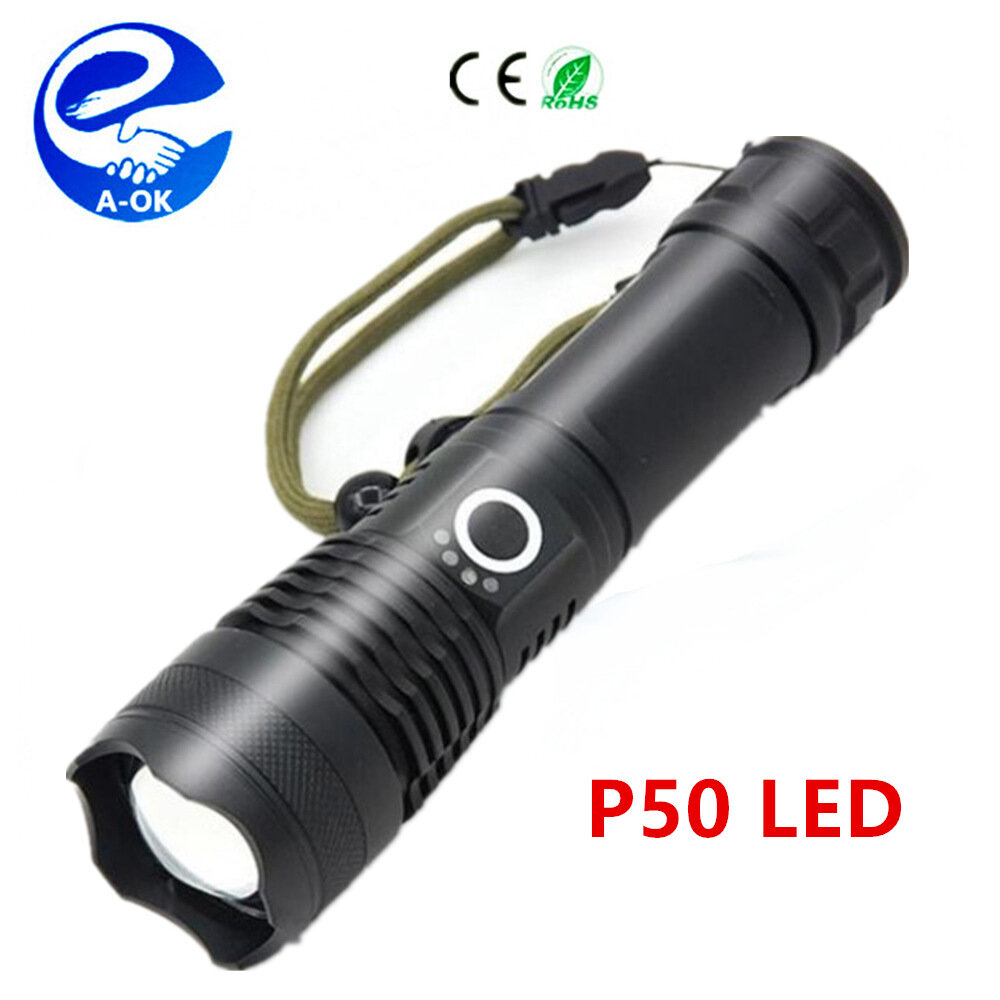 Трансграничный новый светодиодный яркий фонарик P50 высокой мощности подсветки наружная зарядка зум алюминиевый фонарик