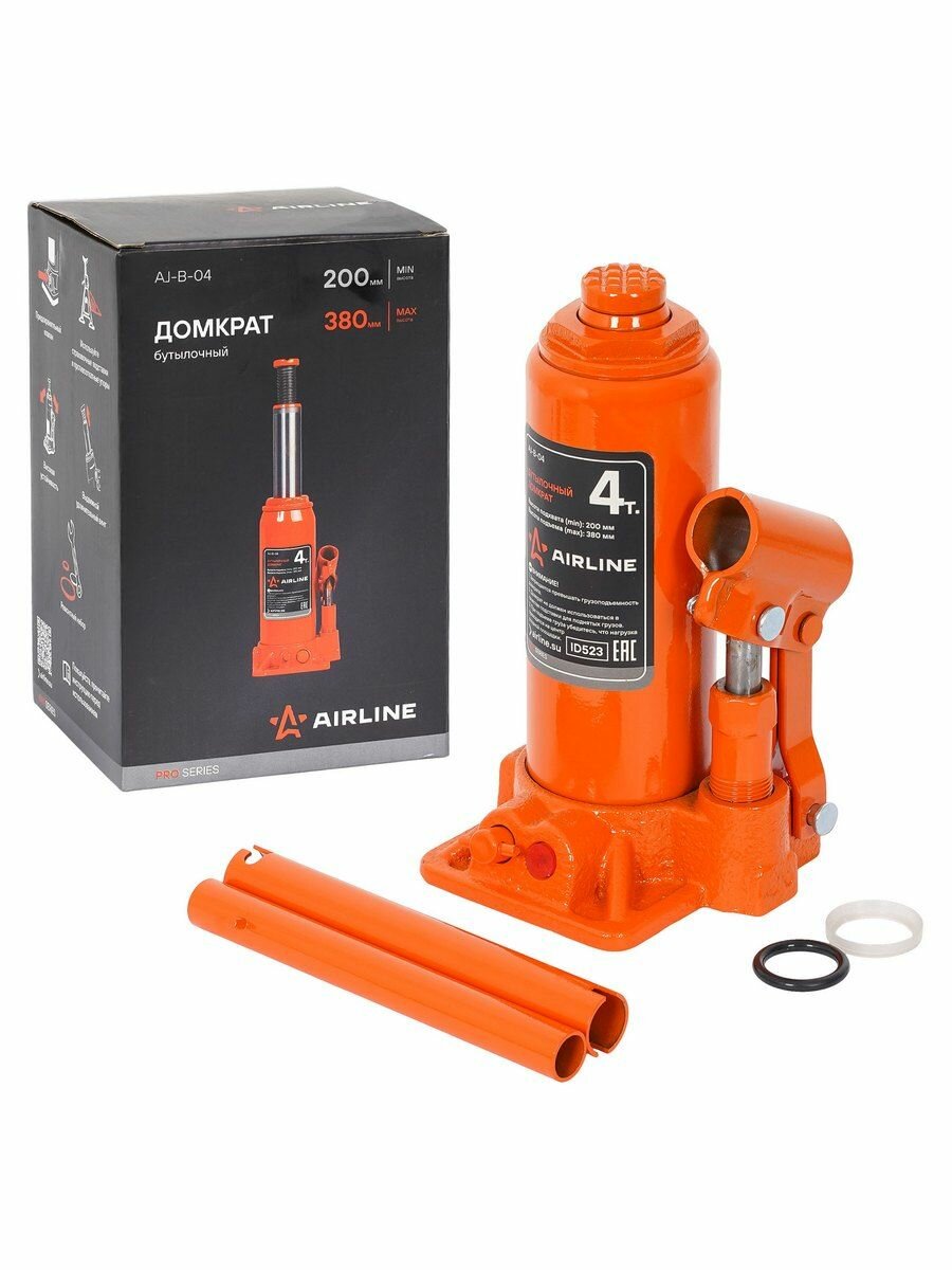 Домкрат бутылочный 4т 200-380 мм, в сумке, AIRLINE AJB04
