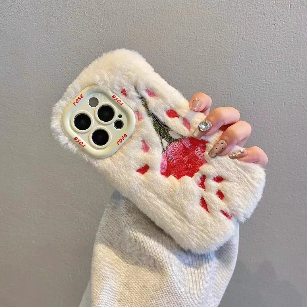 Уникальный креативный плюшевый чехол с вышивкой розы из мягкого меха, чехол для телефона для IPhone 11, 12, 13, 14, 15, 16 Pro Plus Max
