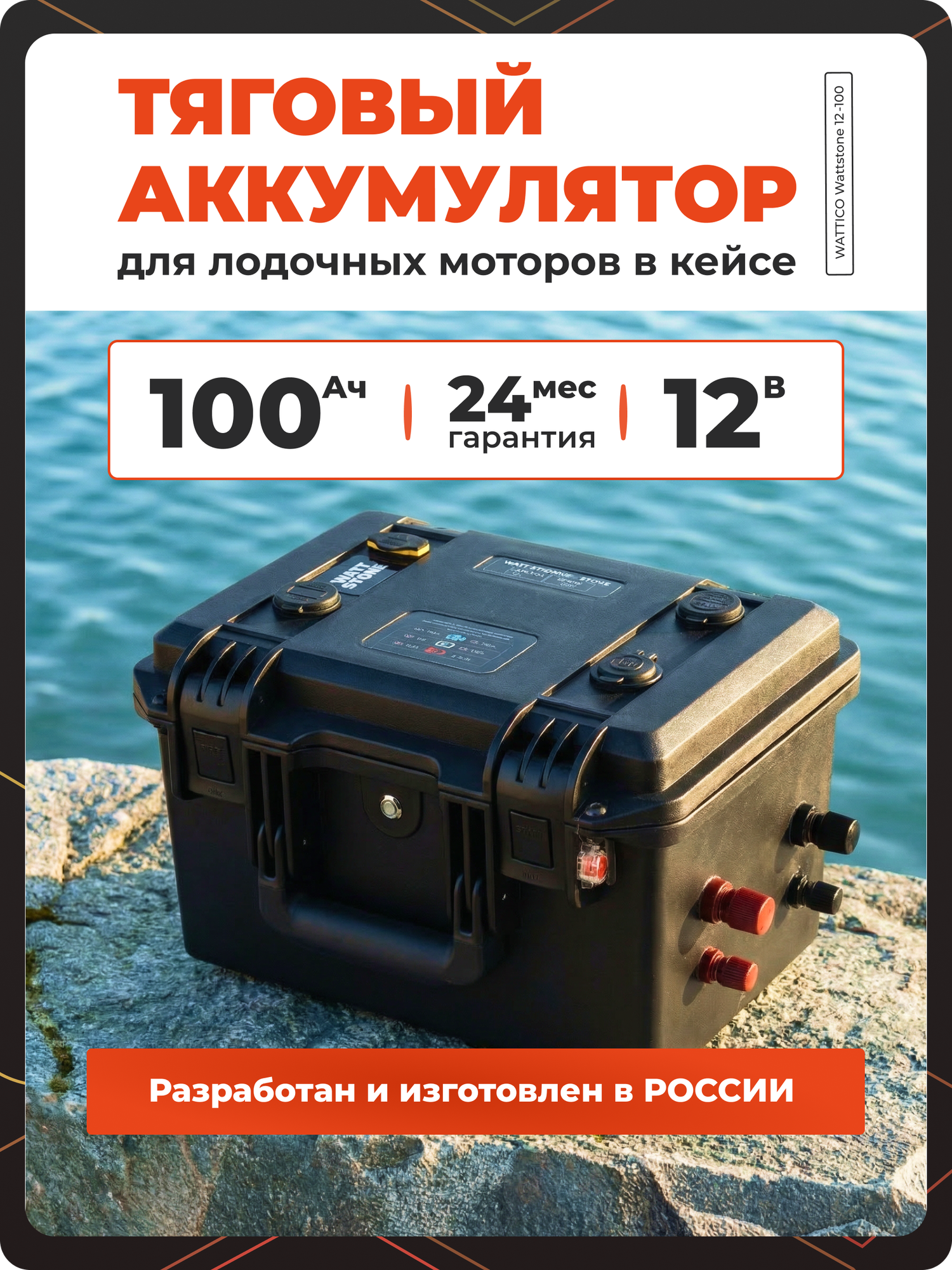 Тяговый аккумулятор для лодочного мотора Wattstone 100Ач 12В кейс