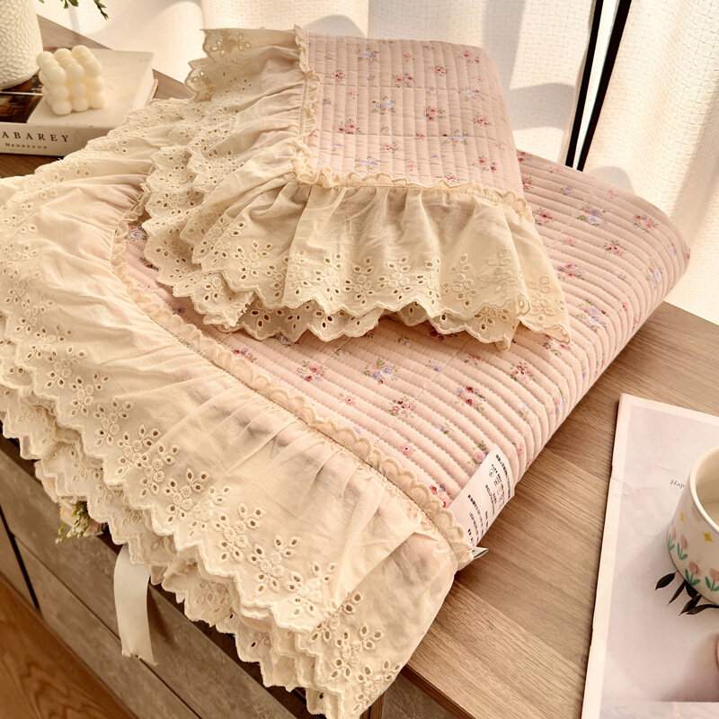Корейский кружевной хлопчатобумажный чехол из трех частей Yaoxiang Whisper-розовый кружевной чехол для кровати_Комплект