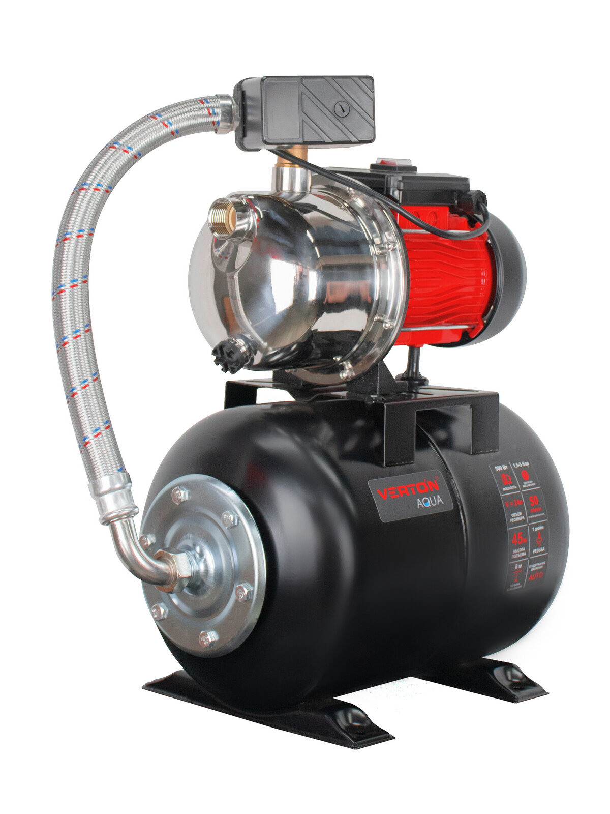 Насосная станция Verton AQUA PS900SB/24(Нержав. сталь. корпус,900Вт,230В/50Гц, Qmax 50л/мин, V24л, max забор 8м, Hmax45м.)