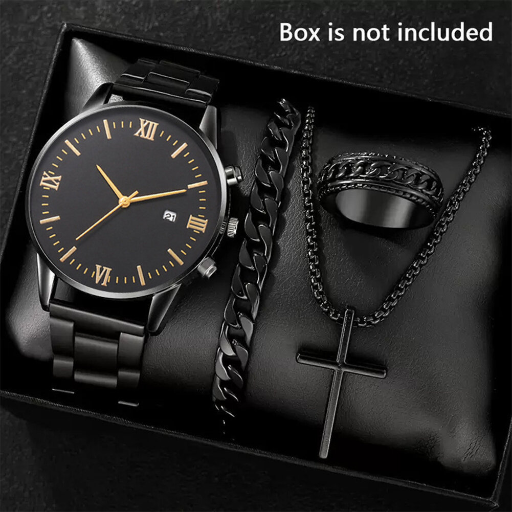 Мужской подарочный набор: кварцевые наручные часы с календарем, ожерелье, браслет и кольцо. Идеальный подарок для мужчины
