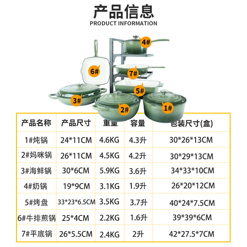 Набор из семи предметов из чугуна с эмалью, не покрытый, антипригарный, эмалированный, многофункциональный набор для дома