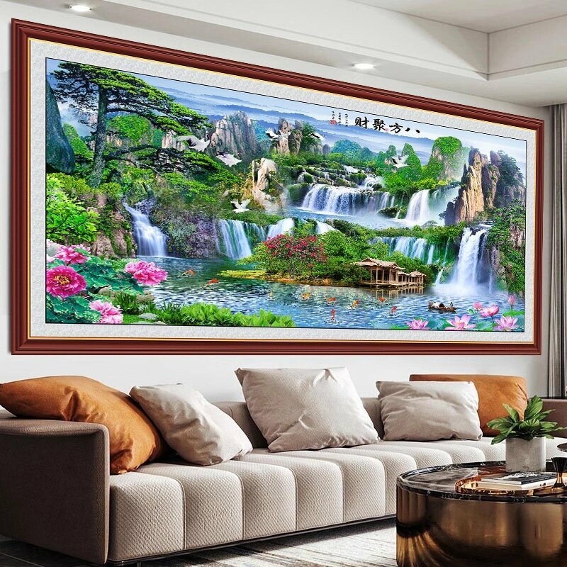 2025 Декоративная картина для стены за диваном, новая китайская стильная пейзажная живопись, текущая вода приносит богатство, самоклеящаяся обои-наклейка, мурал