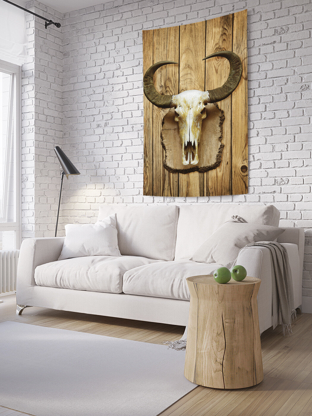 Вертикальное фотопанно на стену JoyArty "Череп буйвола на стене", из ткани, 100х150 см