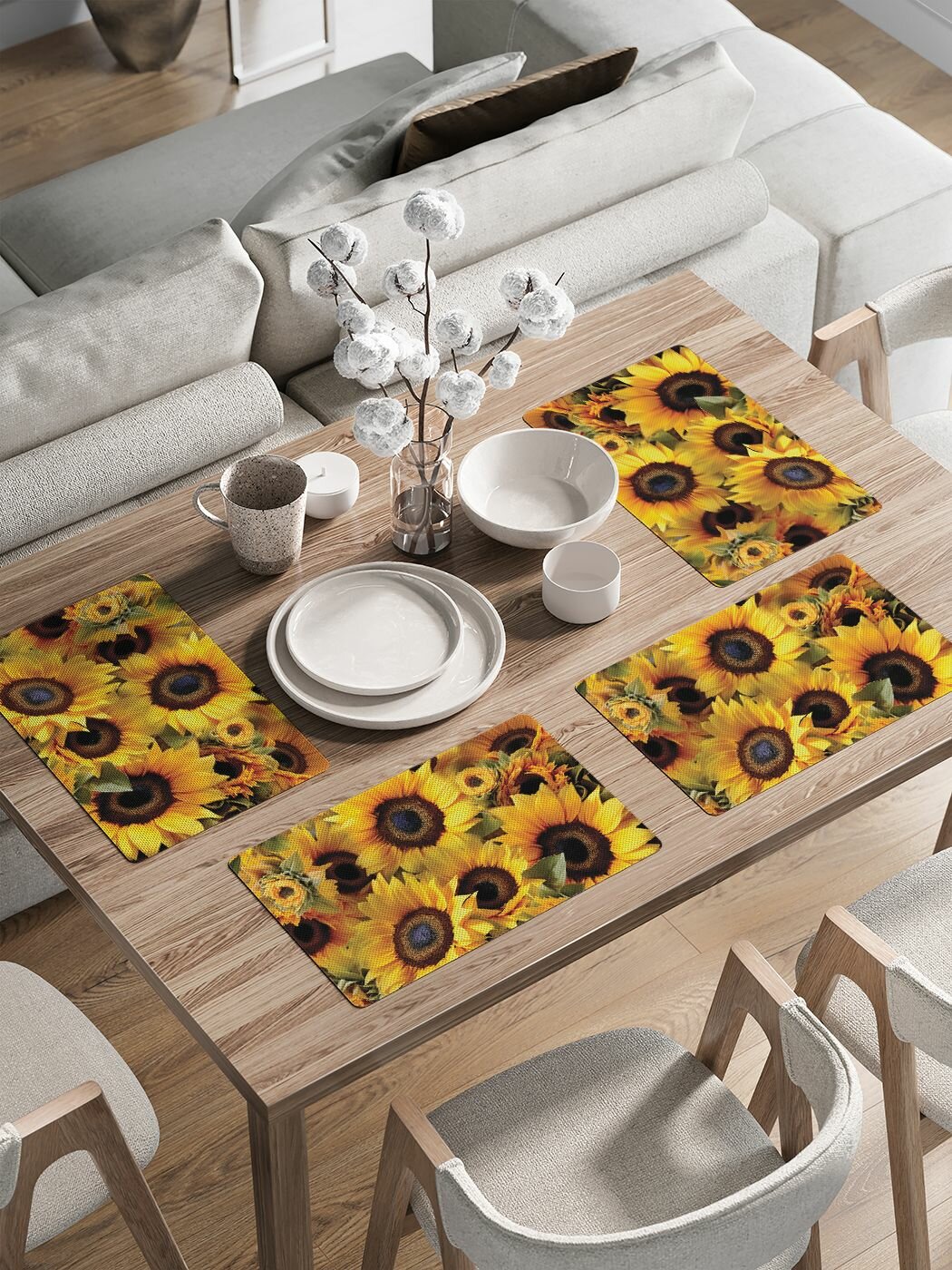 Салфетки на стол сервировочные "Поле подсолнухов", плейсмат на кухню, 30x46 см, JoyArty
