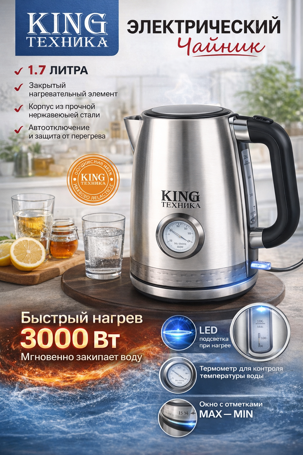Электрический чайник KING техника 1,7 л 3000 Вт с термометром и LED-подсветкой