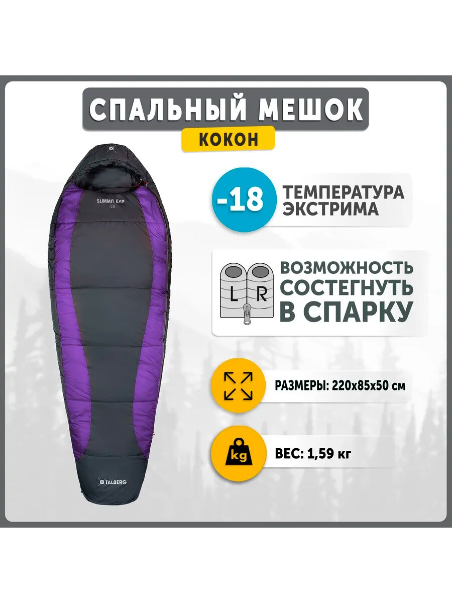 Спальный мешок туристический Talberg SUMMIT EXP -18 C, левая молния, серый-феолетовый
