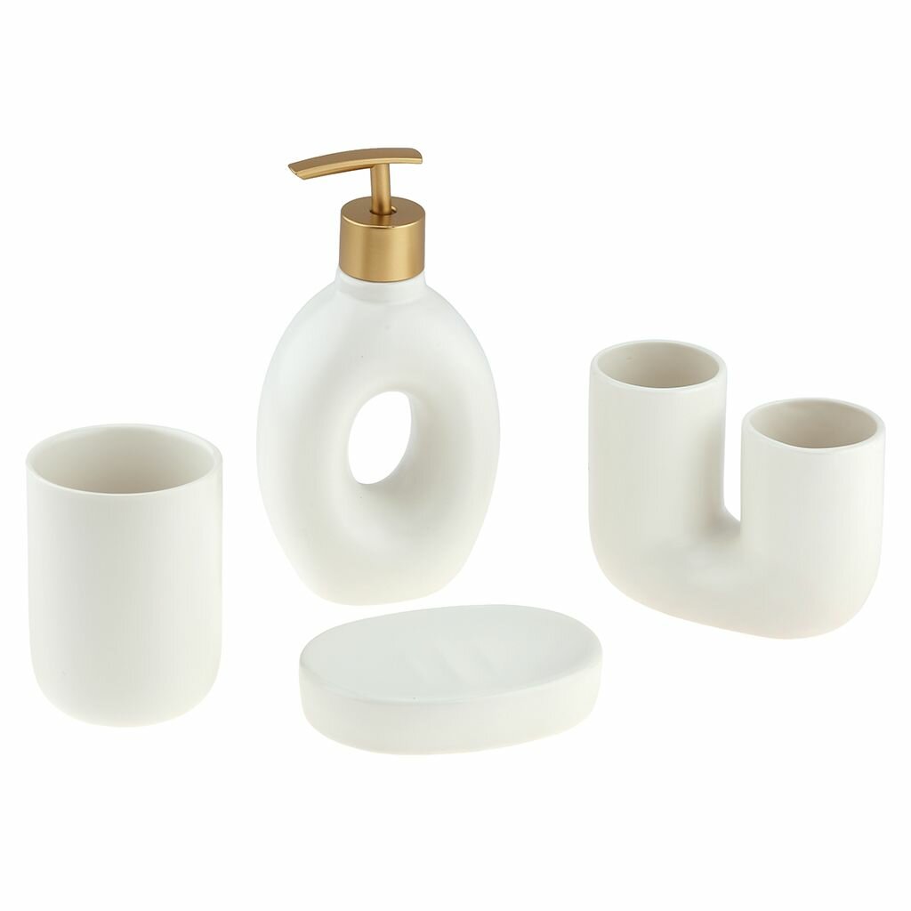 Набор для ванной 4пр "Мехико" дозатор/мыльница/стакан-2шт, керамика, глянцевая глазурь, белый/золотой